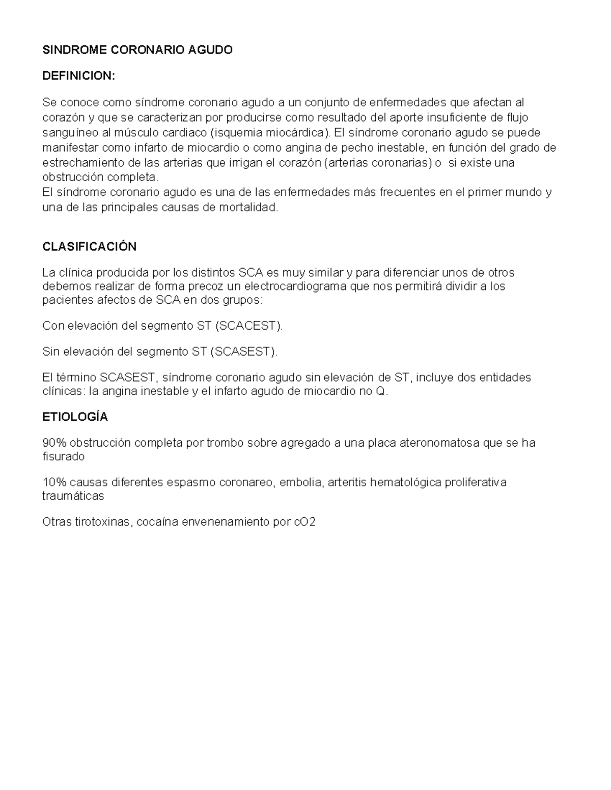 SINDROME CORONARIO AGUDO: Definición y Clasificación - Studocu