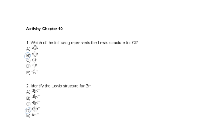 Activity 10: Lewis Structures & Bonding Concepts Practice Sheet - Studocu