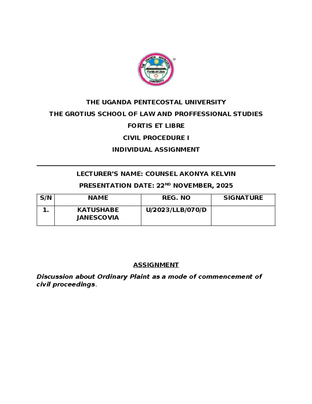 Civil Procedure I Assignment: Ordinary Plaint as a Commencement Method ...