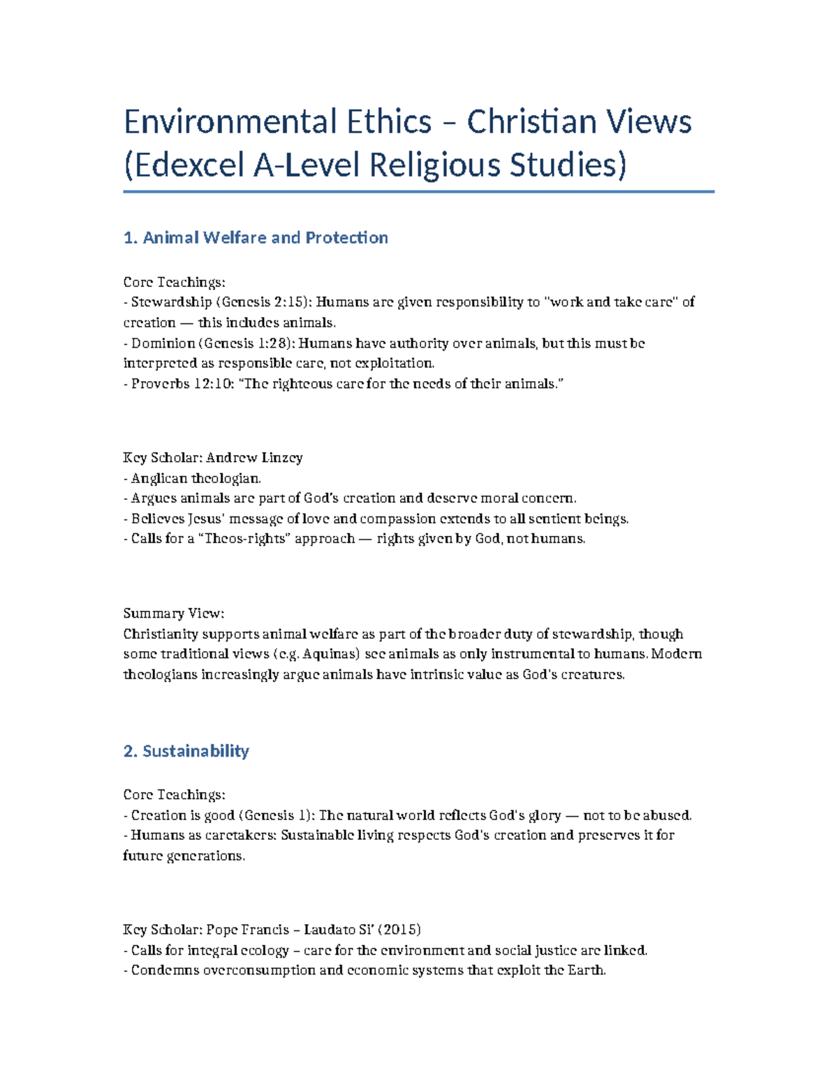 Christian Environmental Ethics Notes (Edexcel Religious Studies) - Studocu