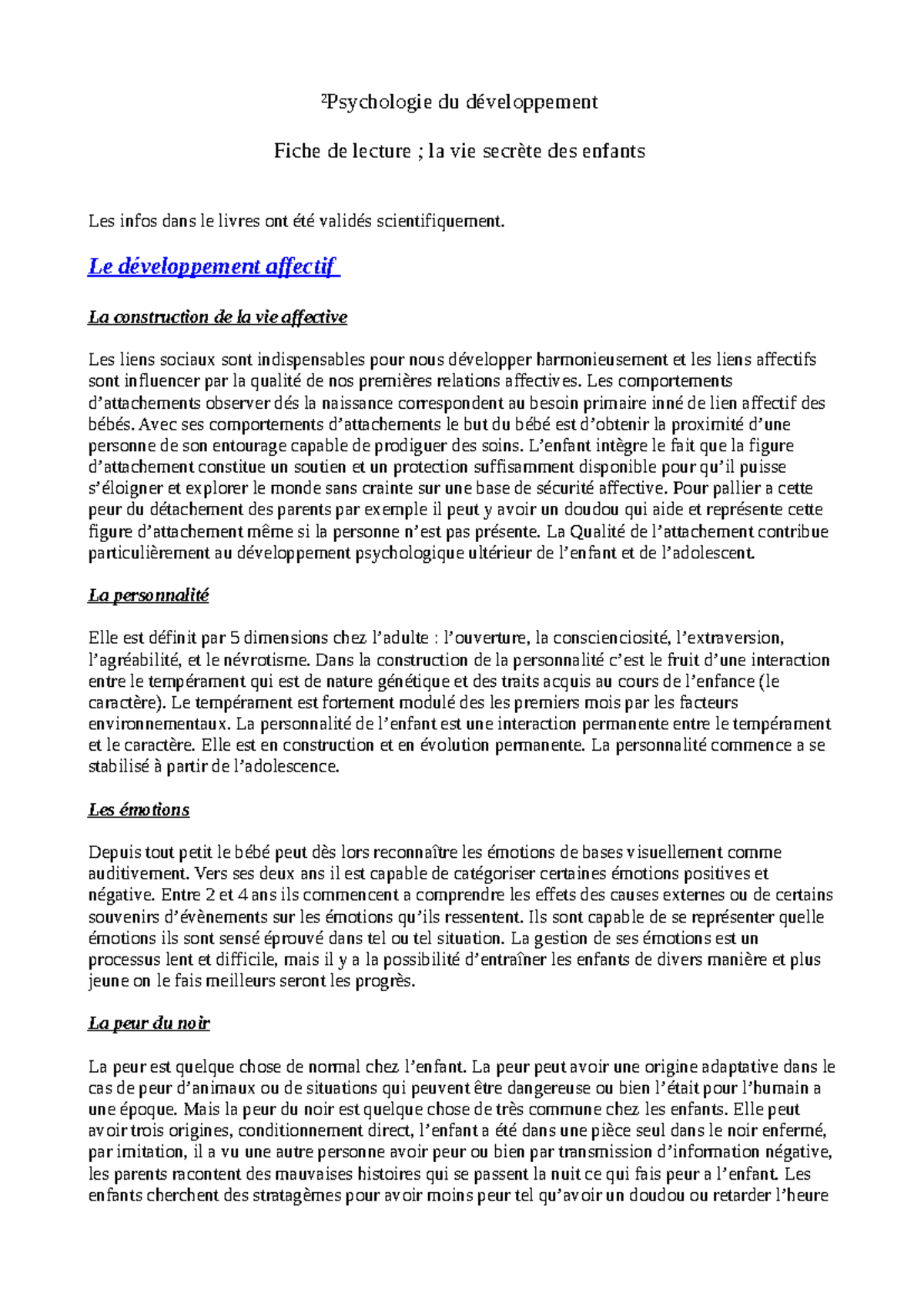 Psychologie du développement : Fiche de lecture sur "La vie secrète des ...