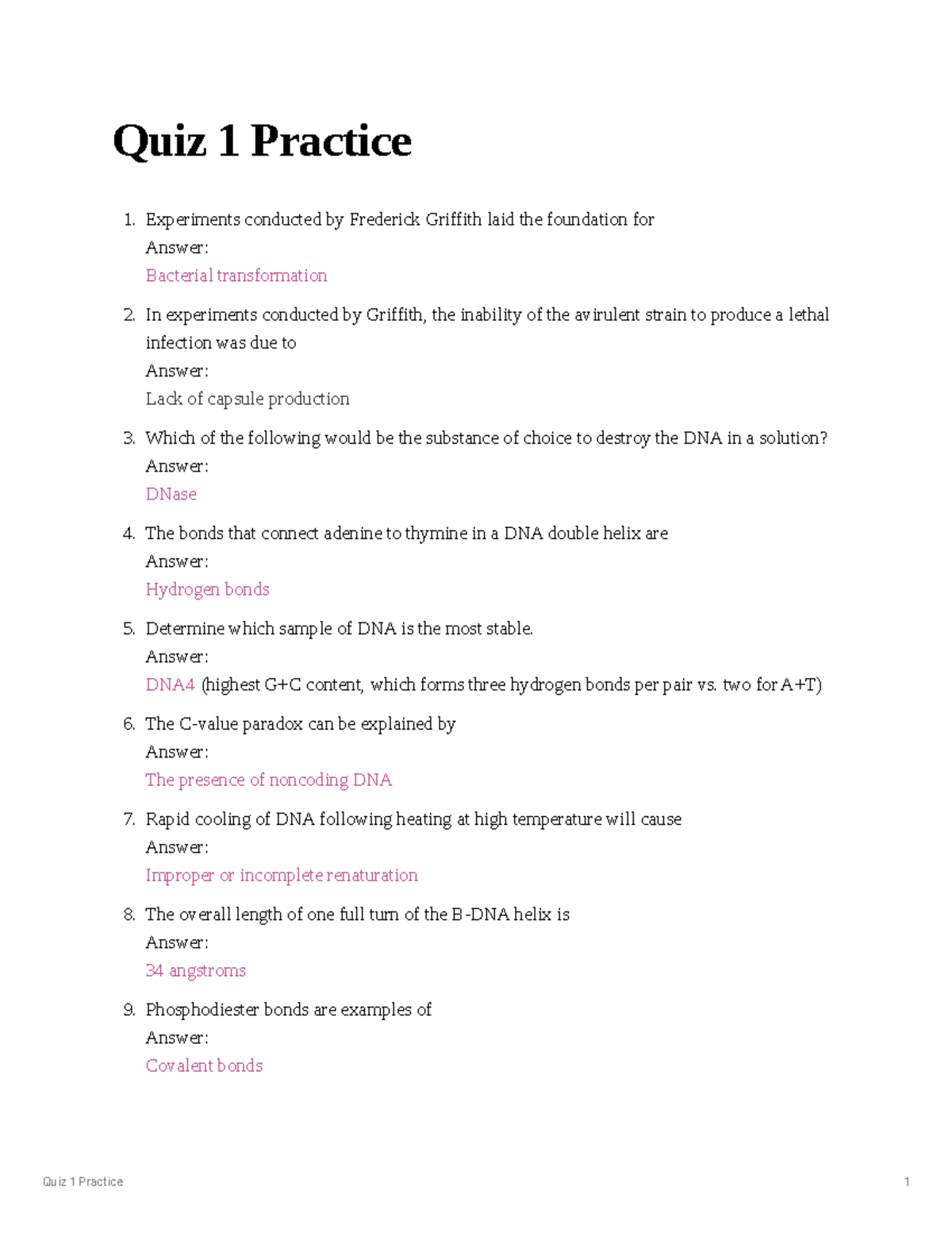 Quiz 1 Practice: DNA & Protein Synthesis Concepts Review - Studocu