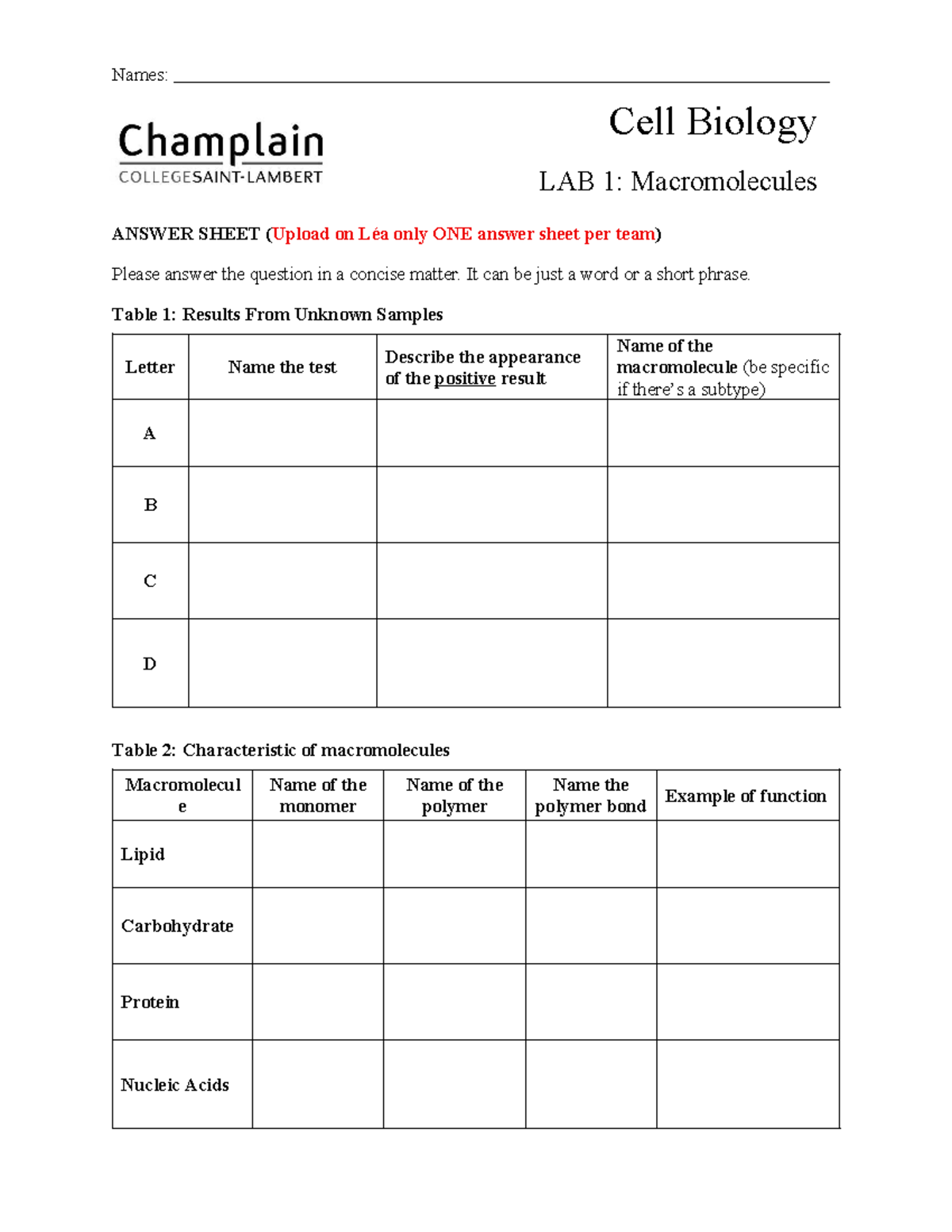 Cell Biology LAB 1: Macromolecules - Answer Sheet - Studocu