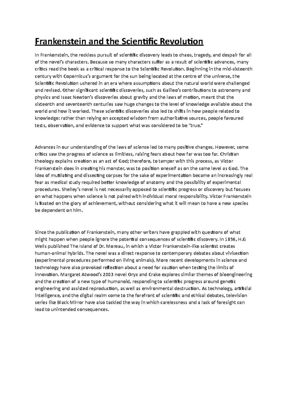 Frankenstein's Reflection on the Scientific Revolution: A Critical ...