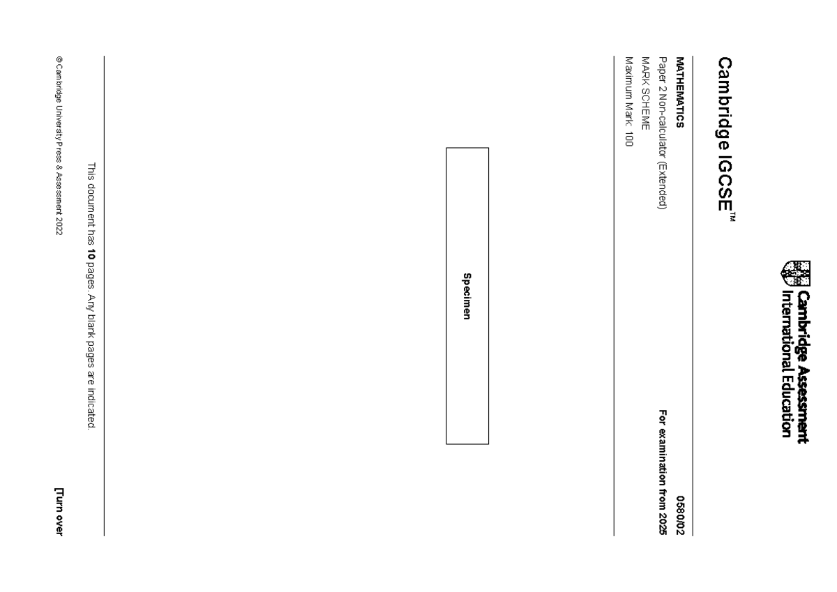 Cambridge IGCSE 0580 Specimen Paper 2 Mark Scheme (2025) - Studocu