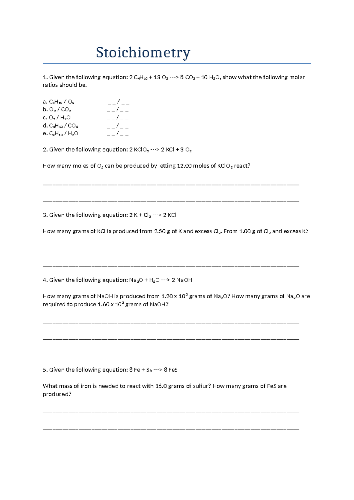 Stoichiometry Worksheet: Molar Ratios & Reactions Analysis - Studocu