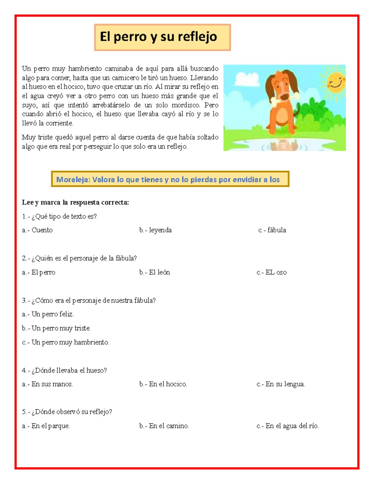 El perro y su reflejo - Grado Primero - Actividades y preguntas - Studocu