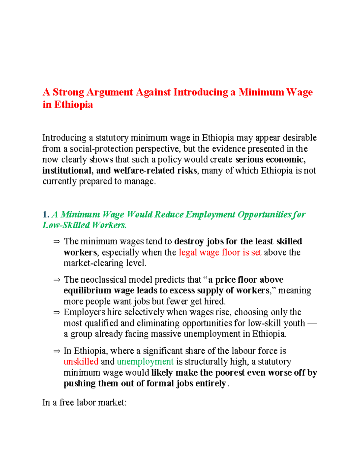 Argument Against Minimum Wage Law in Ethiopia: Economic Risks and ...