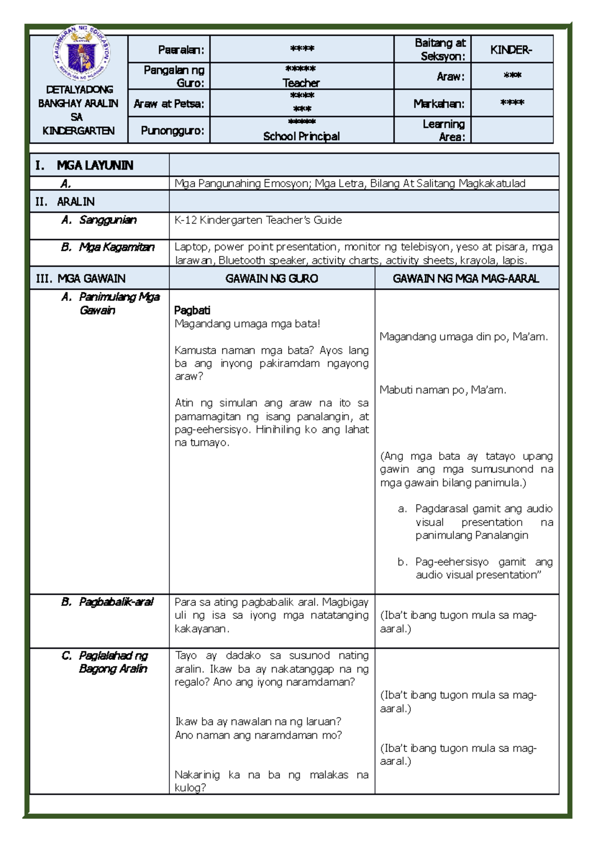 DLP - WEEK 5: Pangunahing Emosyon sa Kindergarten Lesson Plans - Studocu