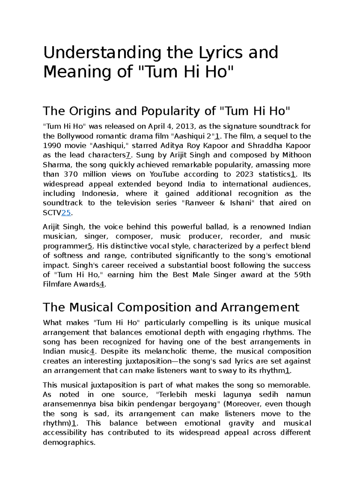 Analysis of the Lyrics and Meaning of "Tum Hi Ho" (AAS2023) - Studocu