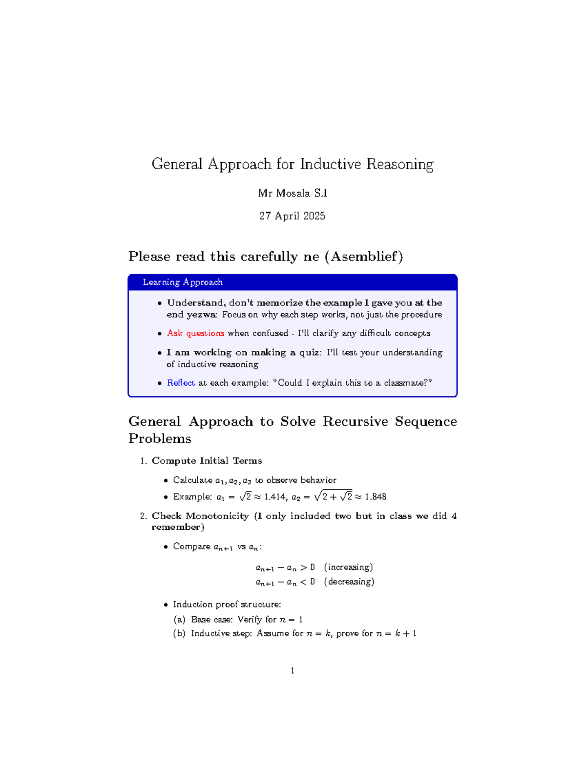 Inductive Reasoning Notes for Mr. Mosala S.I - April 2025 - Studocu