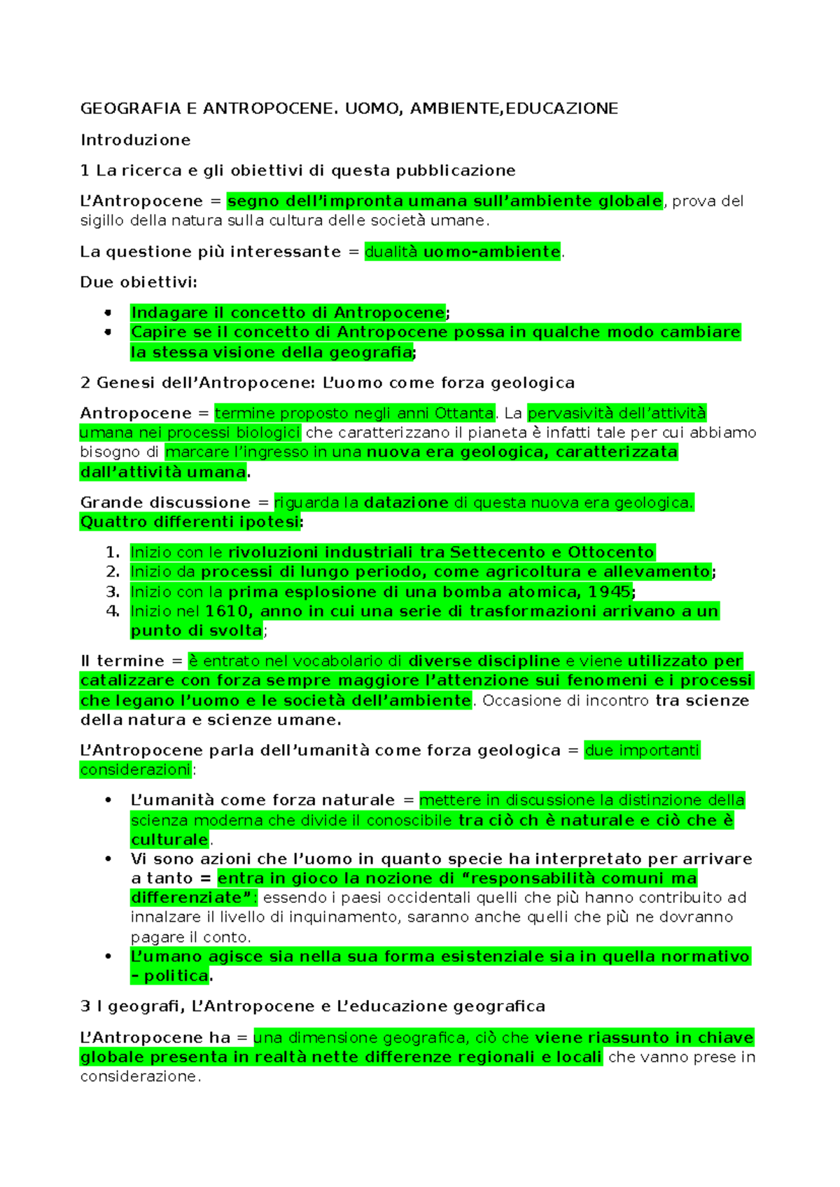Riassunto di GEOGRAFIA E ANTROPOCENE: Uomo, Ambiente, Educazione - Studocu
