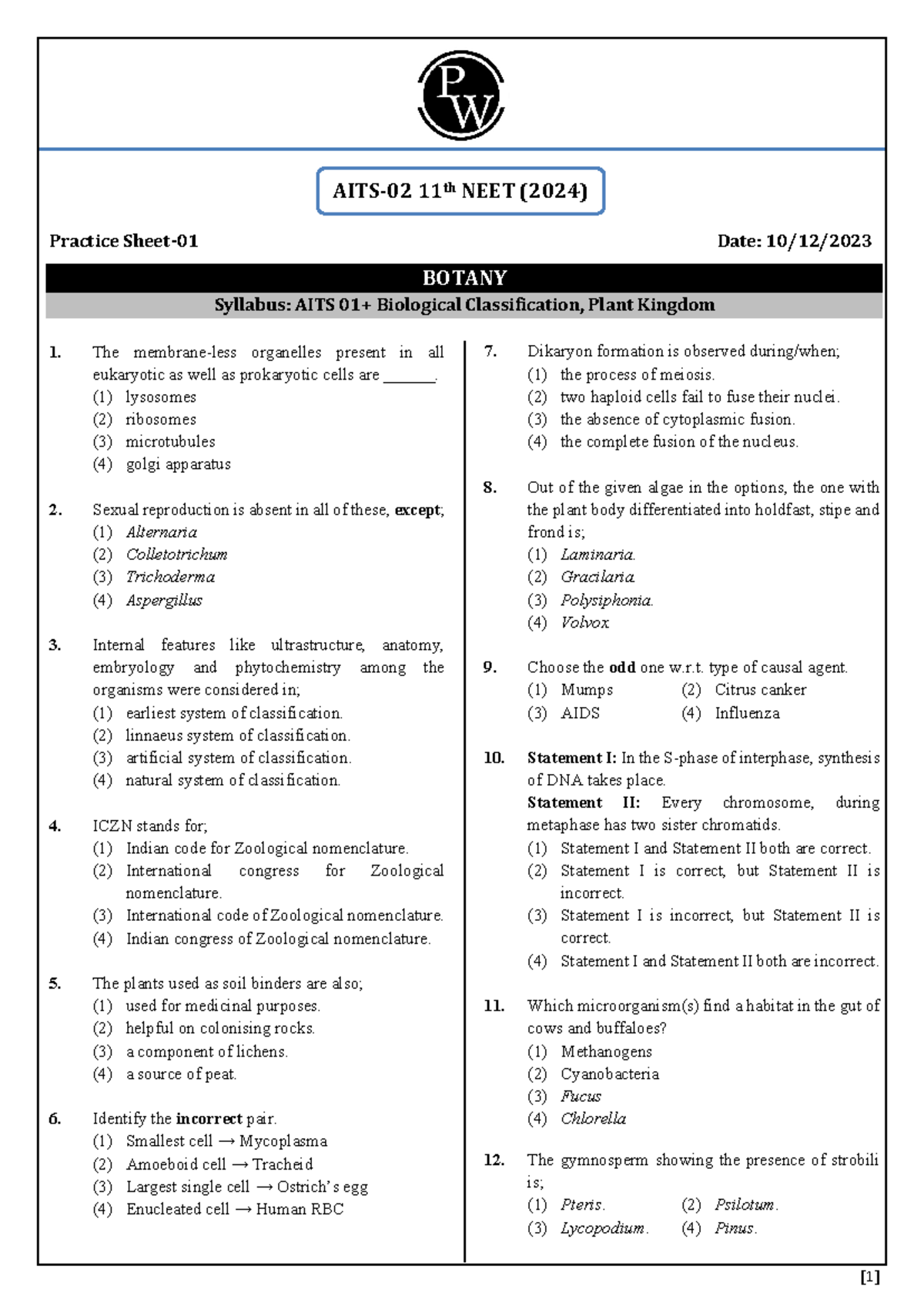AITS 02 Practices Sheet 01 Class 11th Botany NEET Ques Ans Key - [ 1 ...