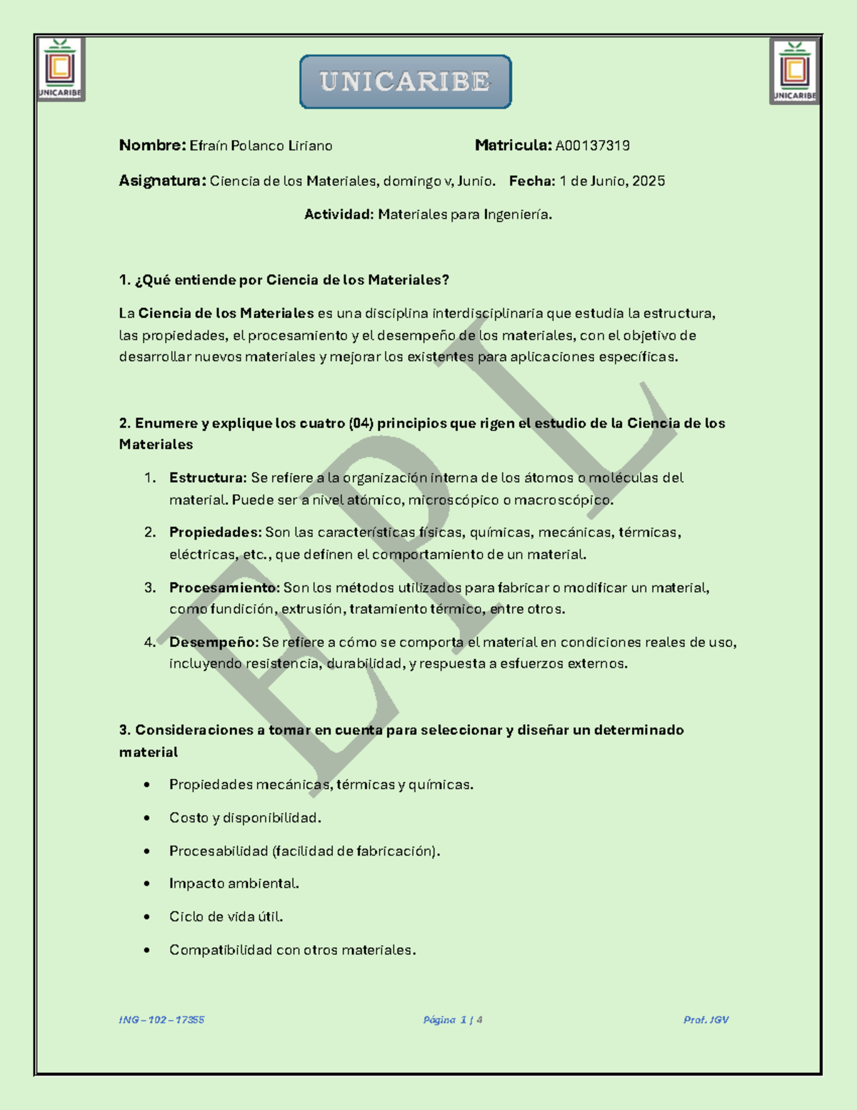 ING 102 Ciencia de los Materiales: Actividad 1 - Efrain Polanco - Studocu