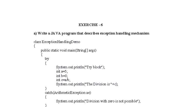 Exercise 6: Java Exception Handling Mechanisms and Examples - Studocu