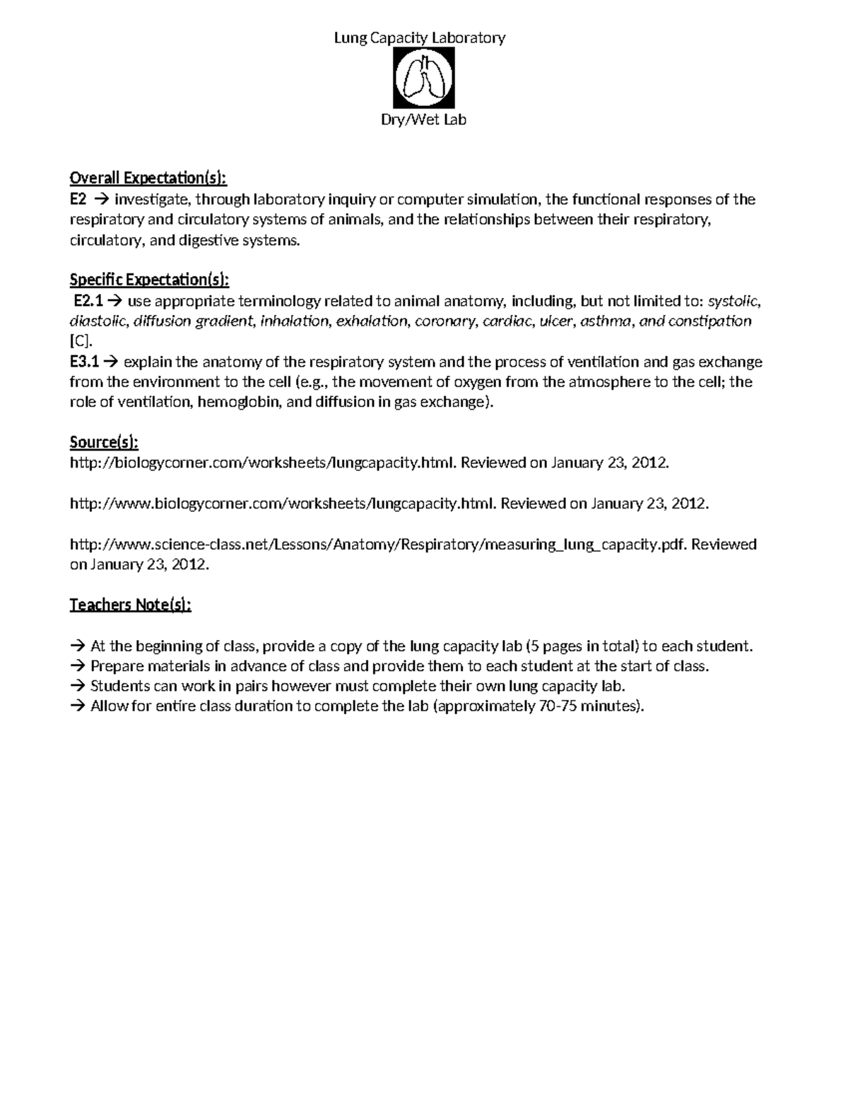 Lung Capacity Lab (BIO101) - Detailed Procedure & Answer Key - Studocu