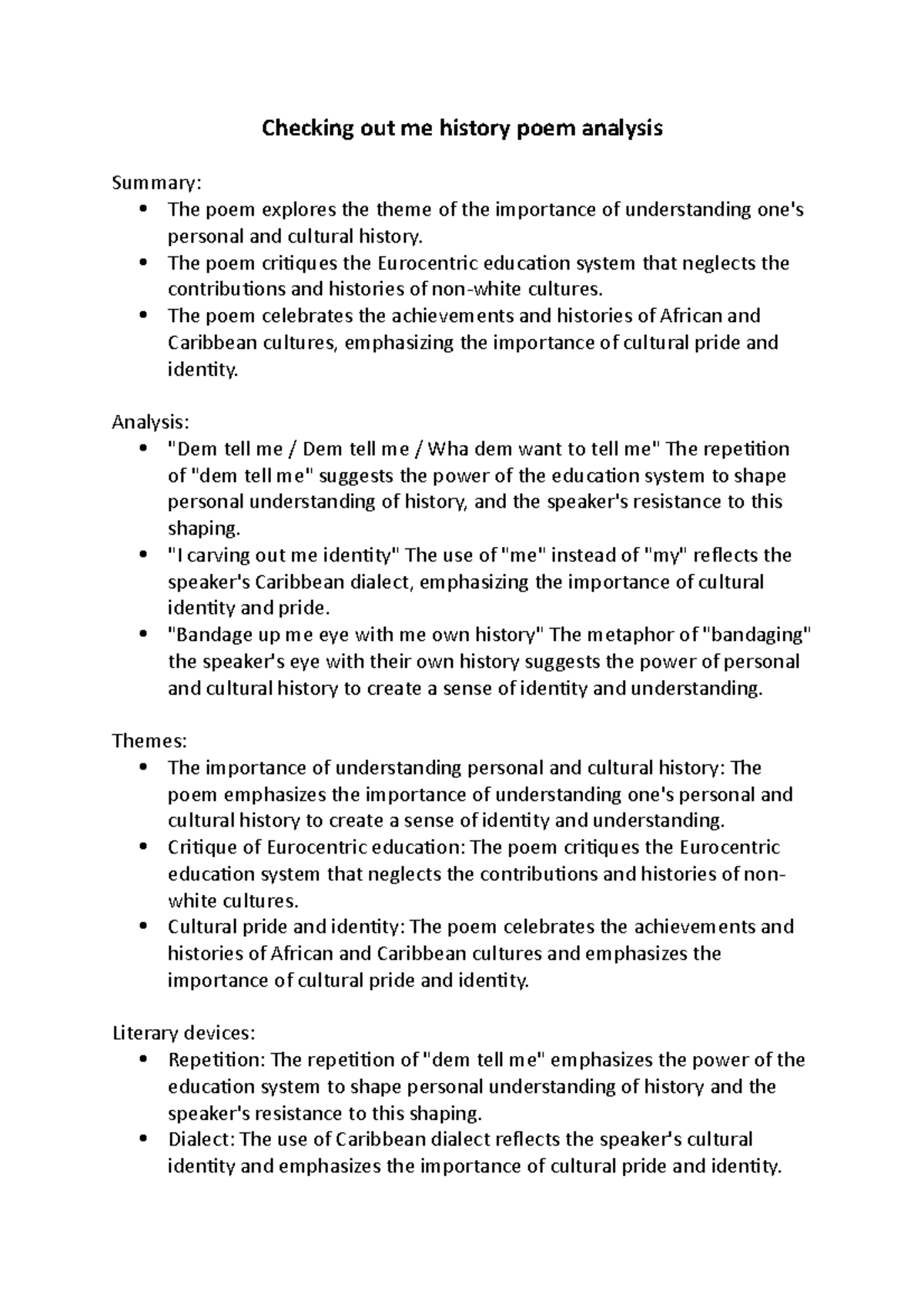 Checking out me history poem analysis - Checking out me history poem ...