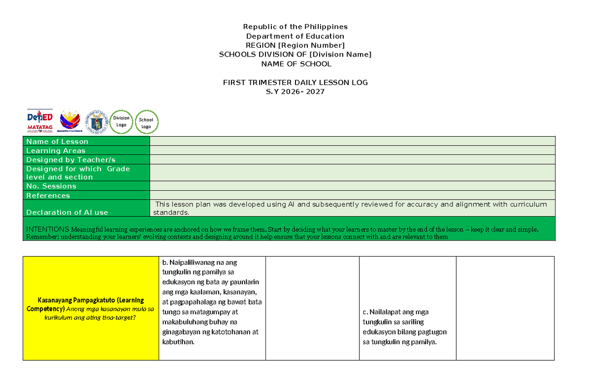 S.Y. 2027 First Trimester Daily Lesson Log - Grade Level 7 - Studocu
