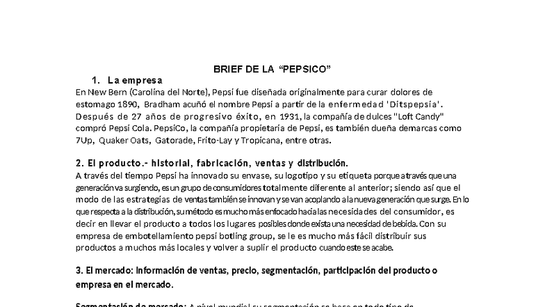 Brief Creativo de Pepsi - Estrategia Publicitaria y Mercado - Studocu