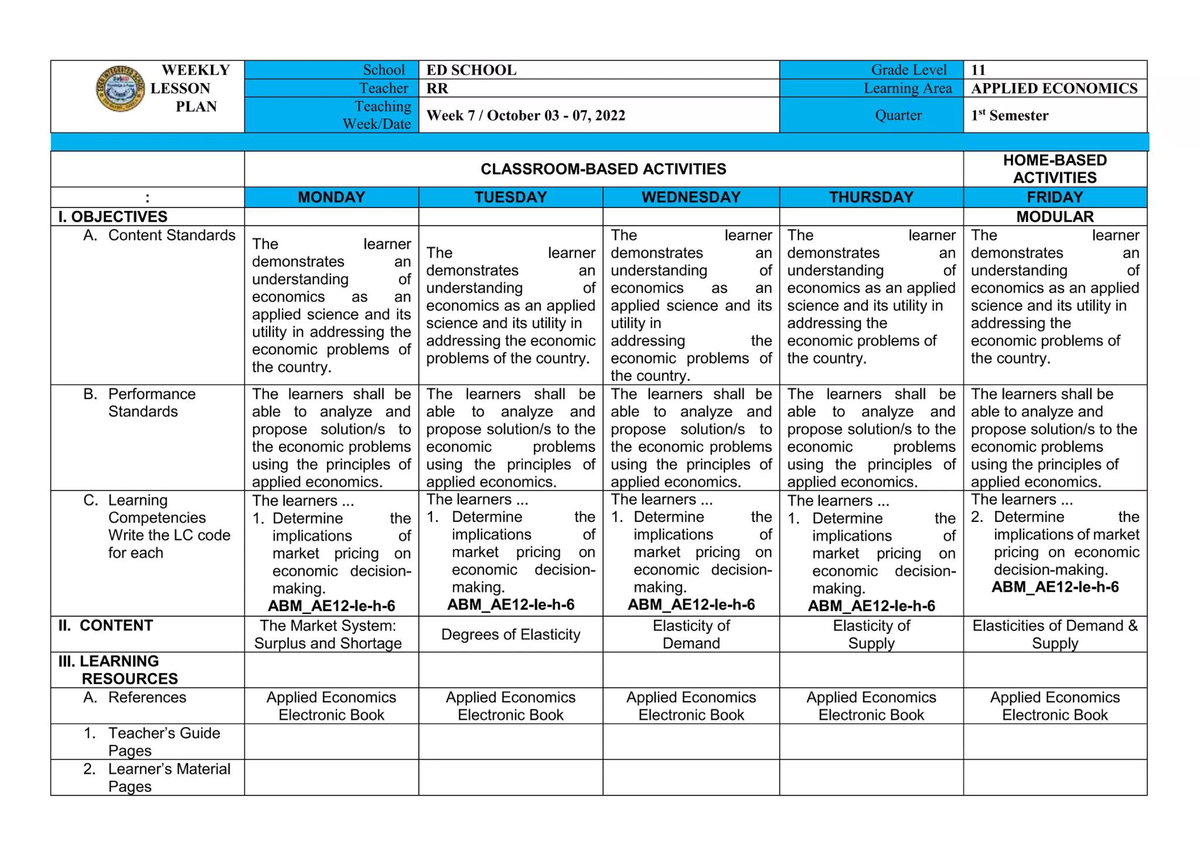 ED SCHOOL Grade 11 Applied Economics Lesson Plan (Week 7) - Studocu
