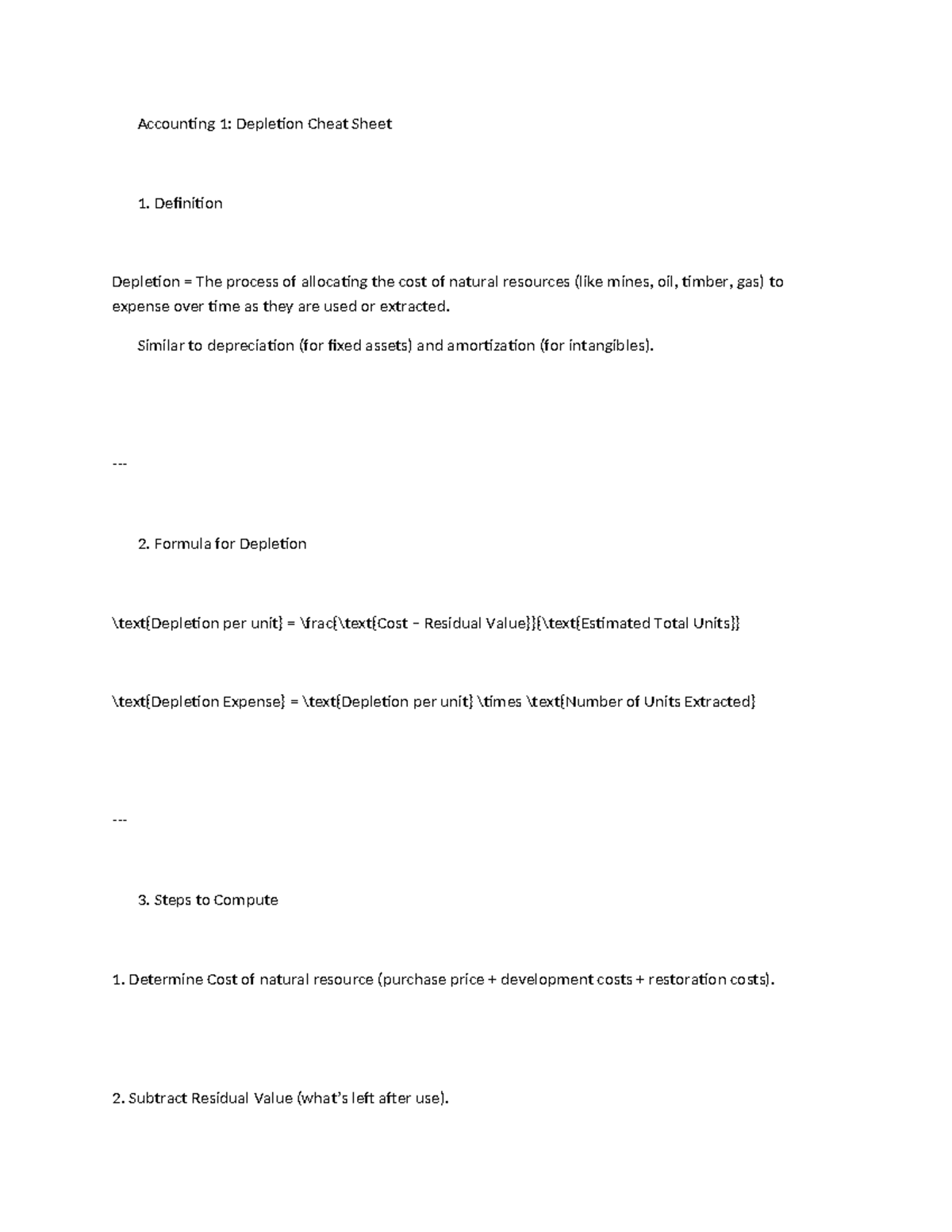 Accounting 1: Depletion Cheat Sheet and Calculation Guide - Studocu