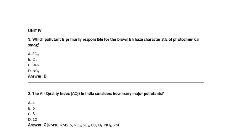 UNIT IV CHE 110: Environmental Pollution Quiz Answers - Studocu