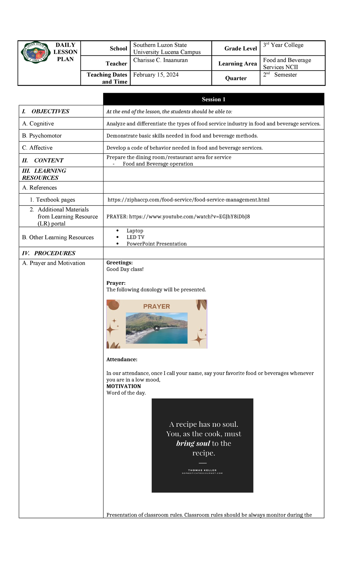 LP-FOOD and Beverage Services NC II: Daily Lesson Plan for T2S2024 ...
