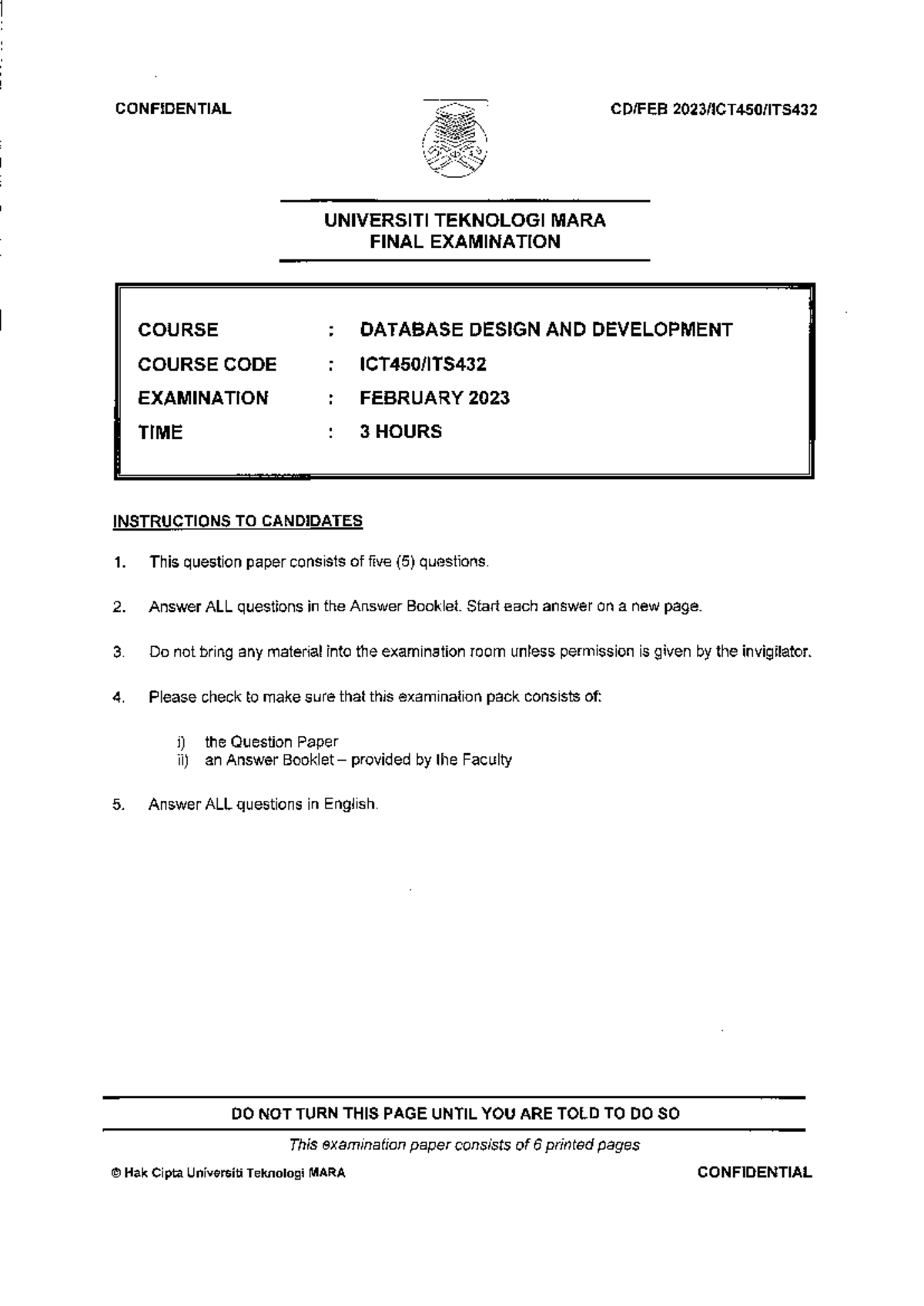 ICT450 Final Exam Past Paper – Database Design & Development S1 2023 - Studocu