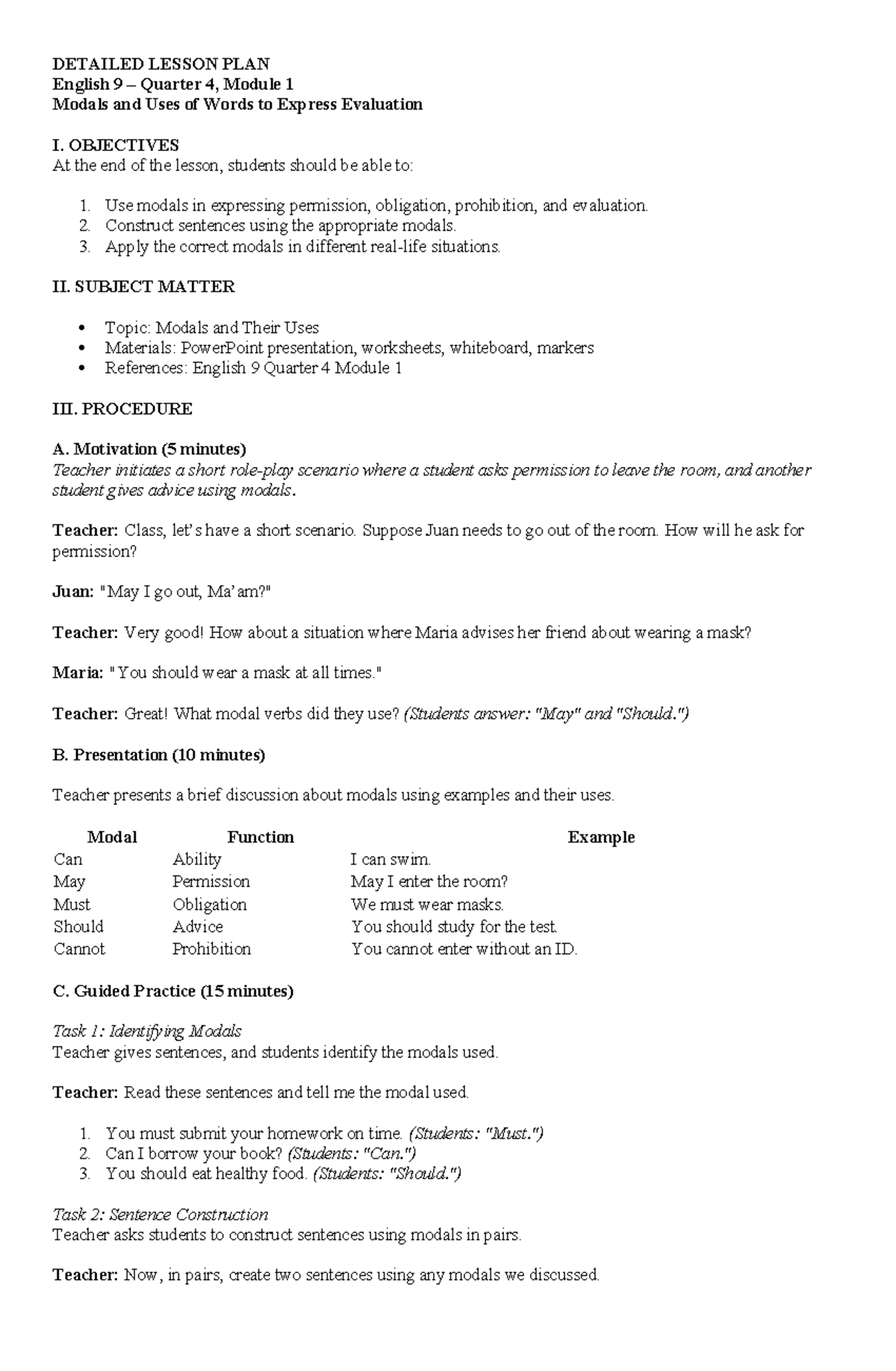 Detailed Lesson Plan: English 9 Q4 M1 - Modals for Evaluation & Usage ...