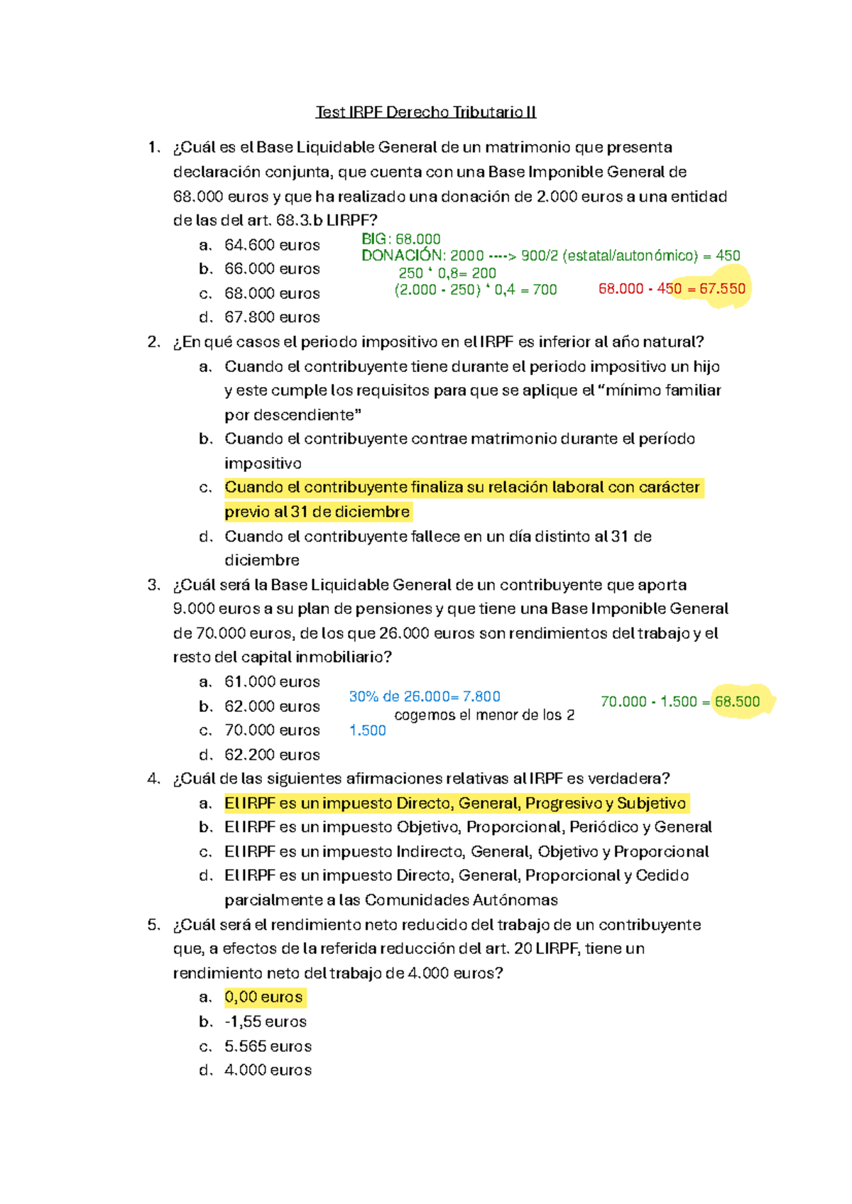 Test IRPF Derecho Tributario II: Respuestas y Ejercicios - Studocu