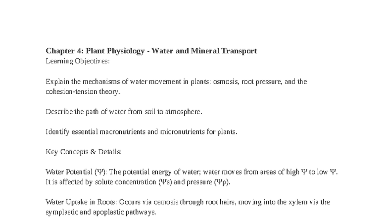 Botany 4: Chapter 4 Study Guide on Plant Physiology and Nutrients - Studocu