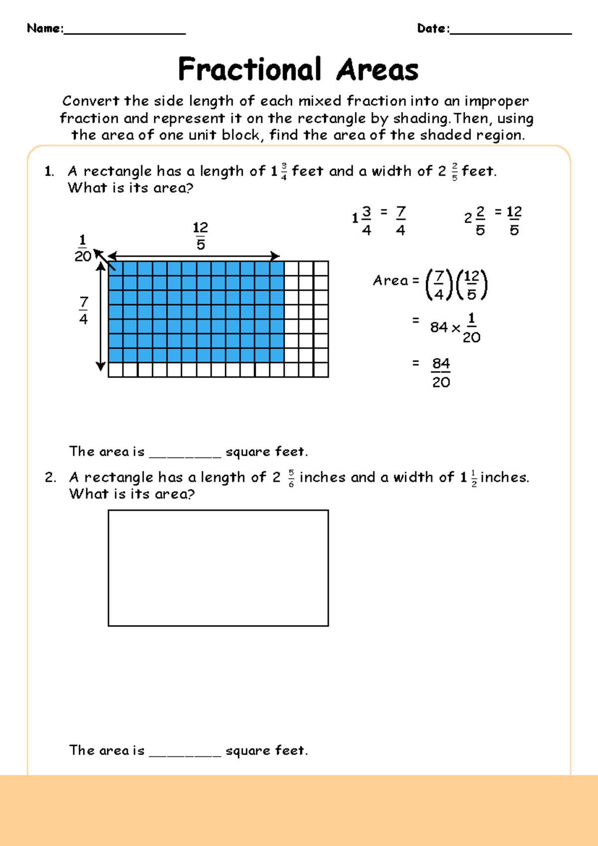 Fractional Areas - 5th Grade Worksheet - Name: Date: Fractional Areas ...
