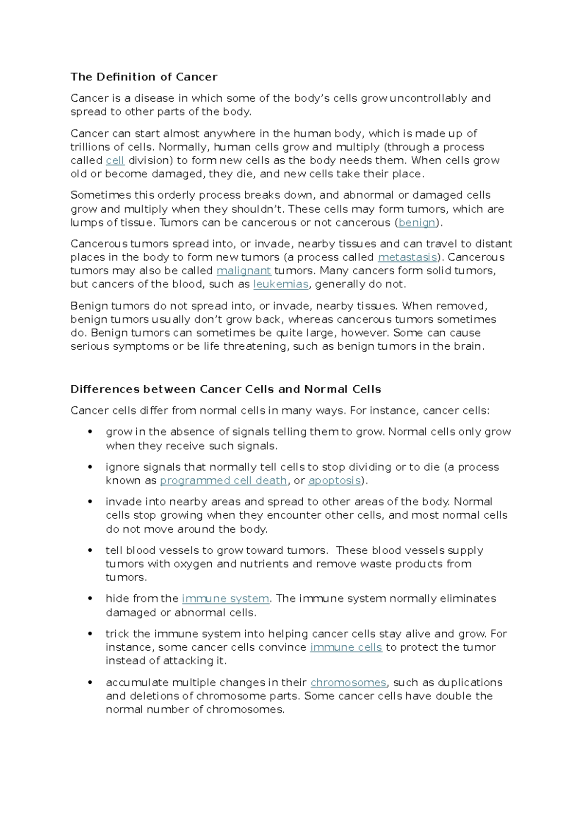 Understanding Cancer: Definition and Cell Differences - Studocu