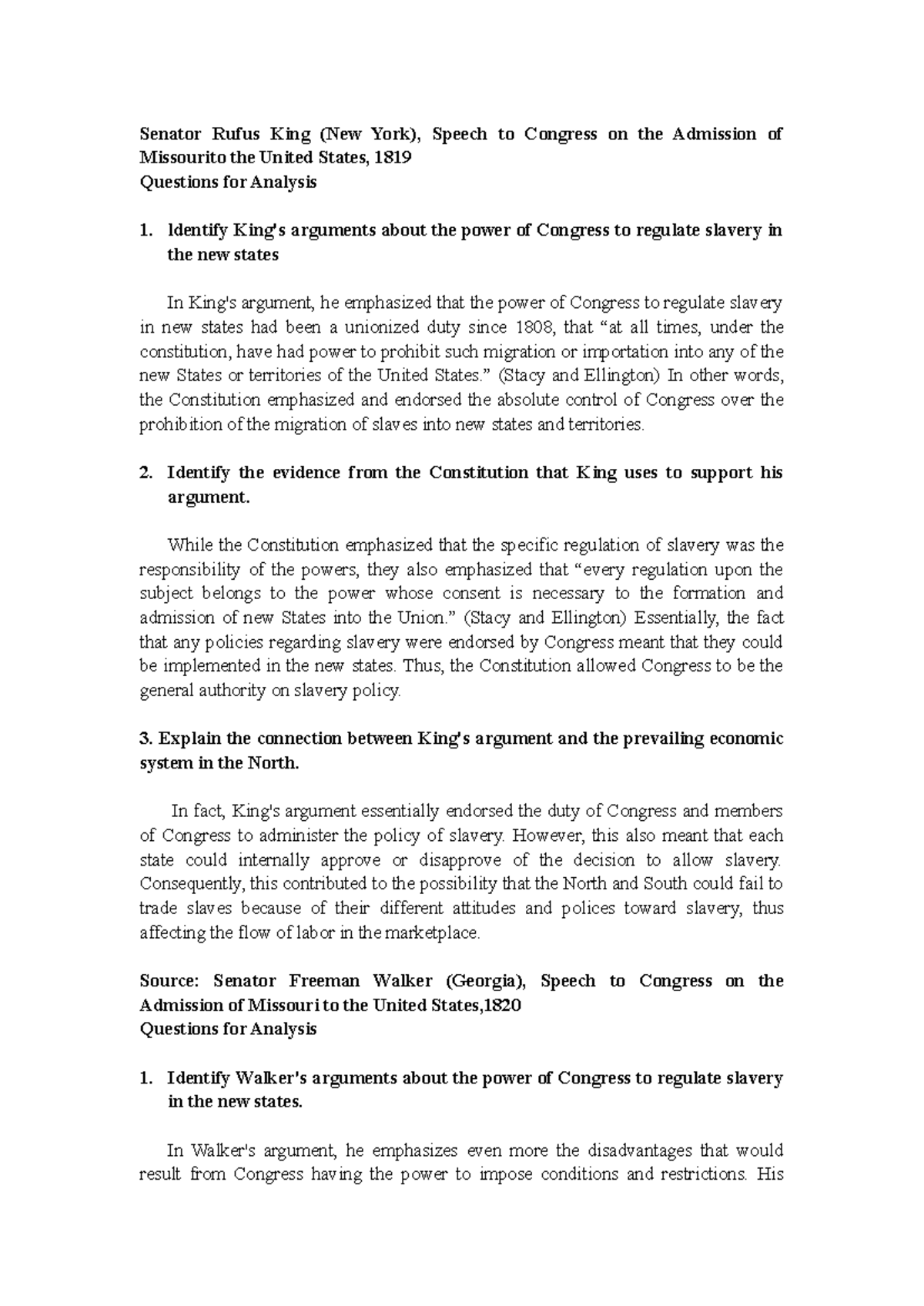 Senator Freeman Walker's Speech Analysis on Slavery Regulation - Studocu