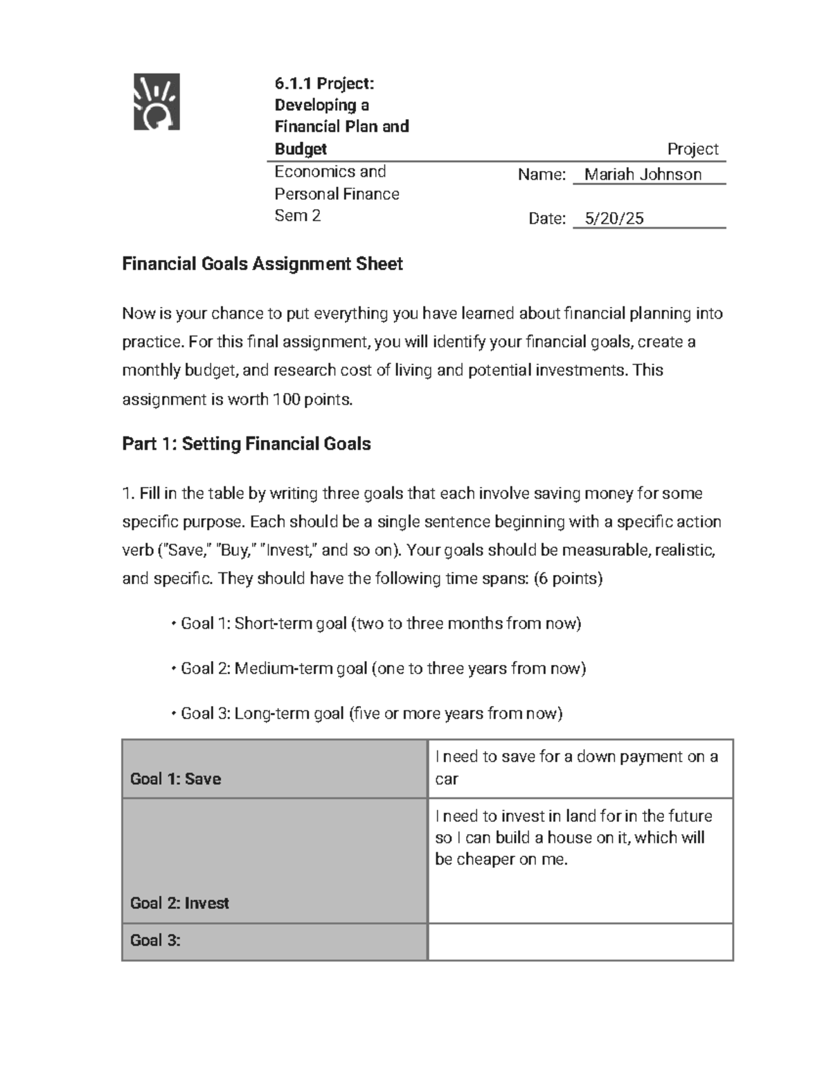 6.1.1 Project: Financial Planning & Budgeting Assignment for Econ ...