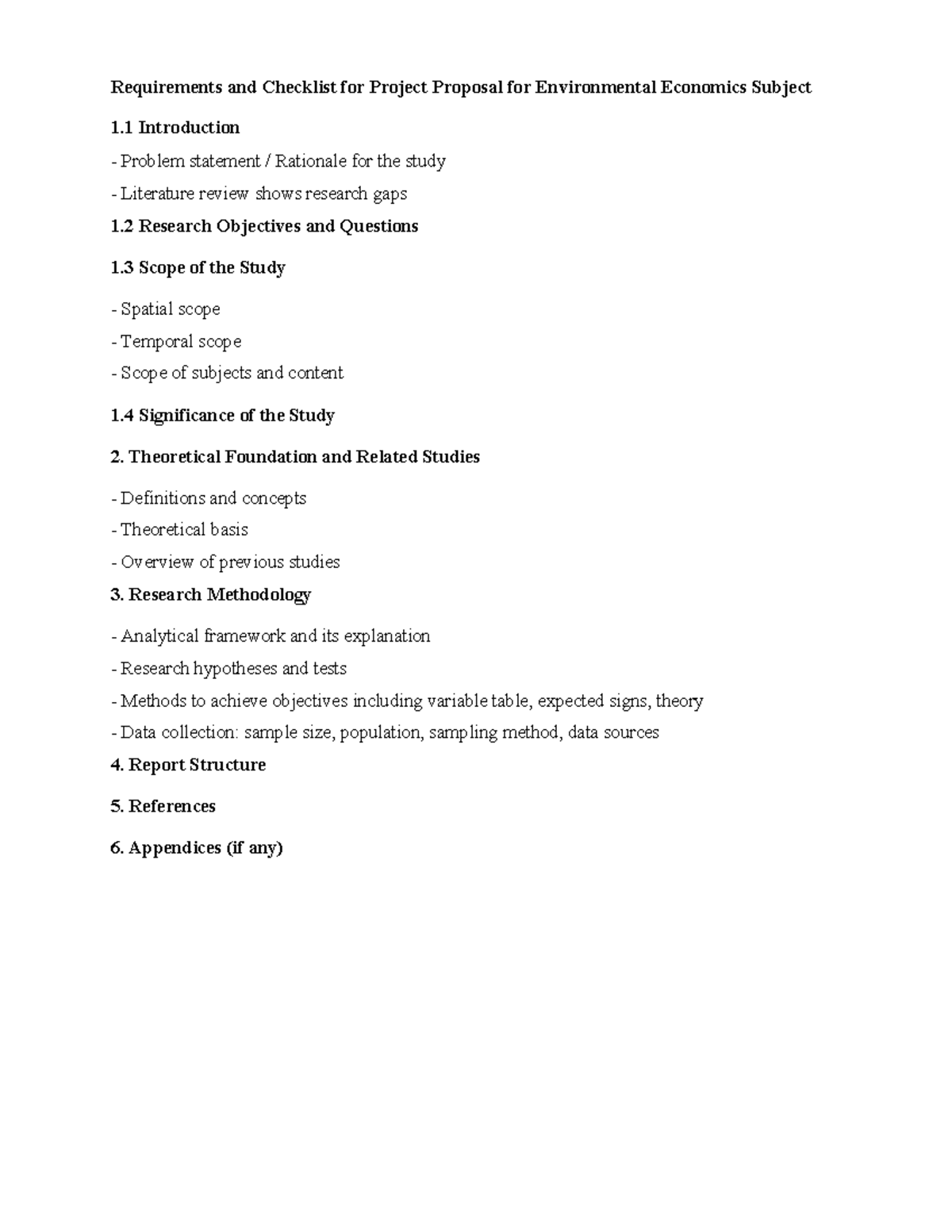 Checklist for Project Proposal in Environmental Economics (Subject 1.1 ...