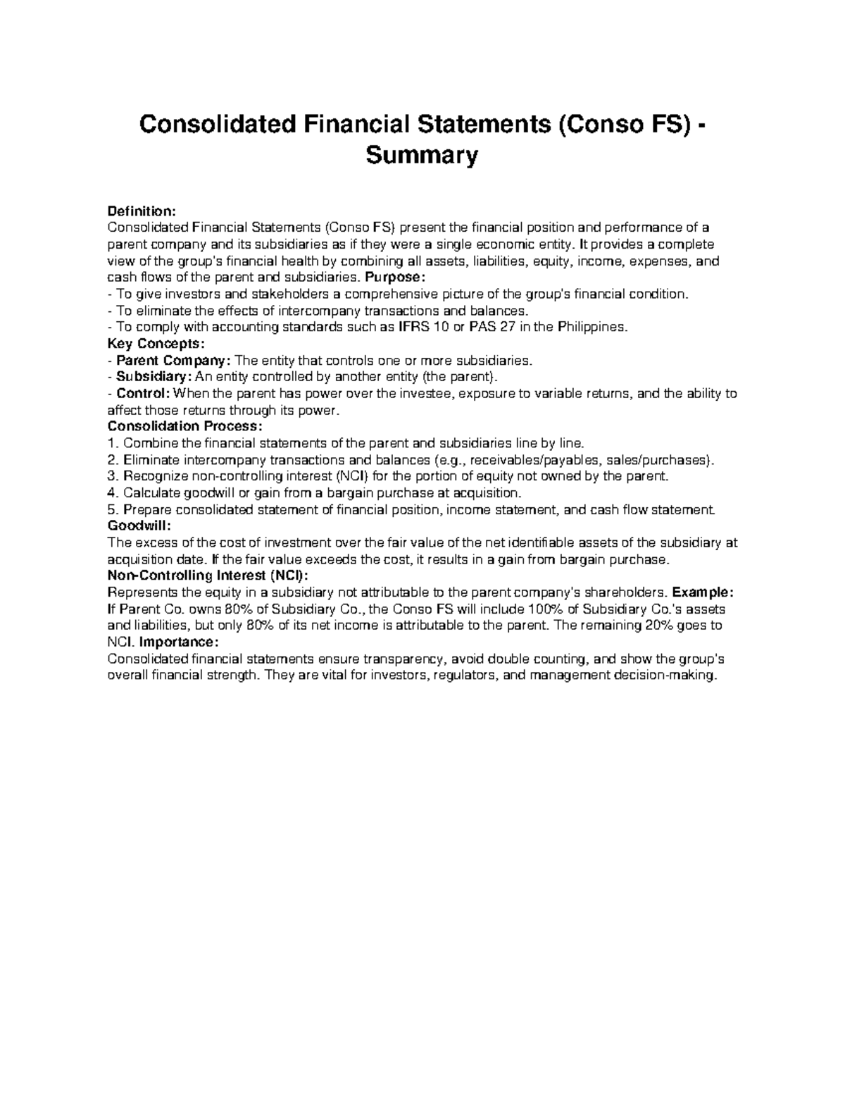 Conso FS Summary: Understanding Consolidated Financial Statements - Studocu