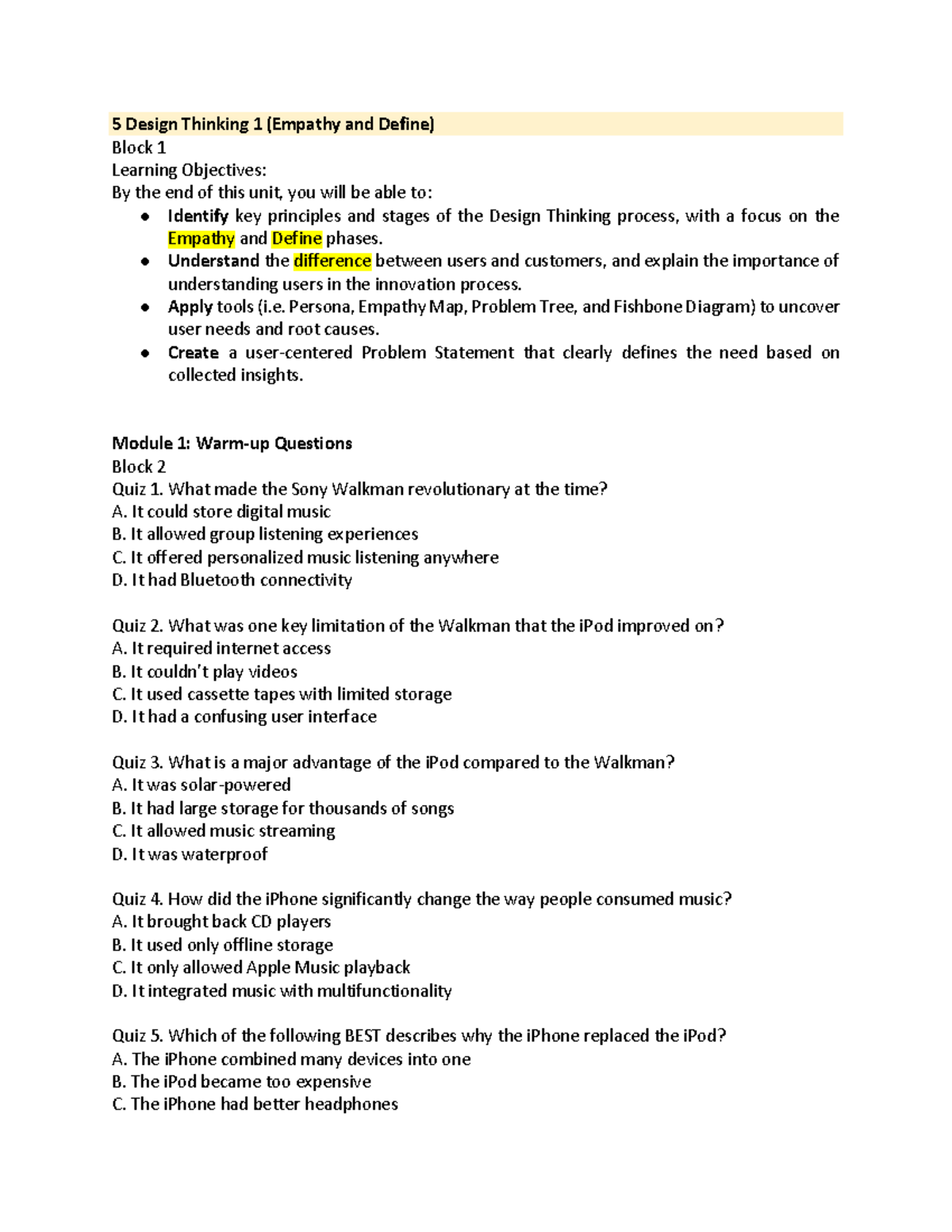 Design Thinking 1-2: Empathy & Define Phases Overview and Quizzes - Studocu