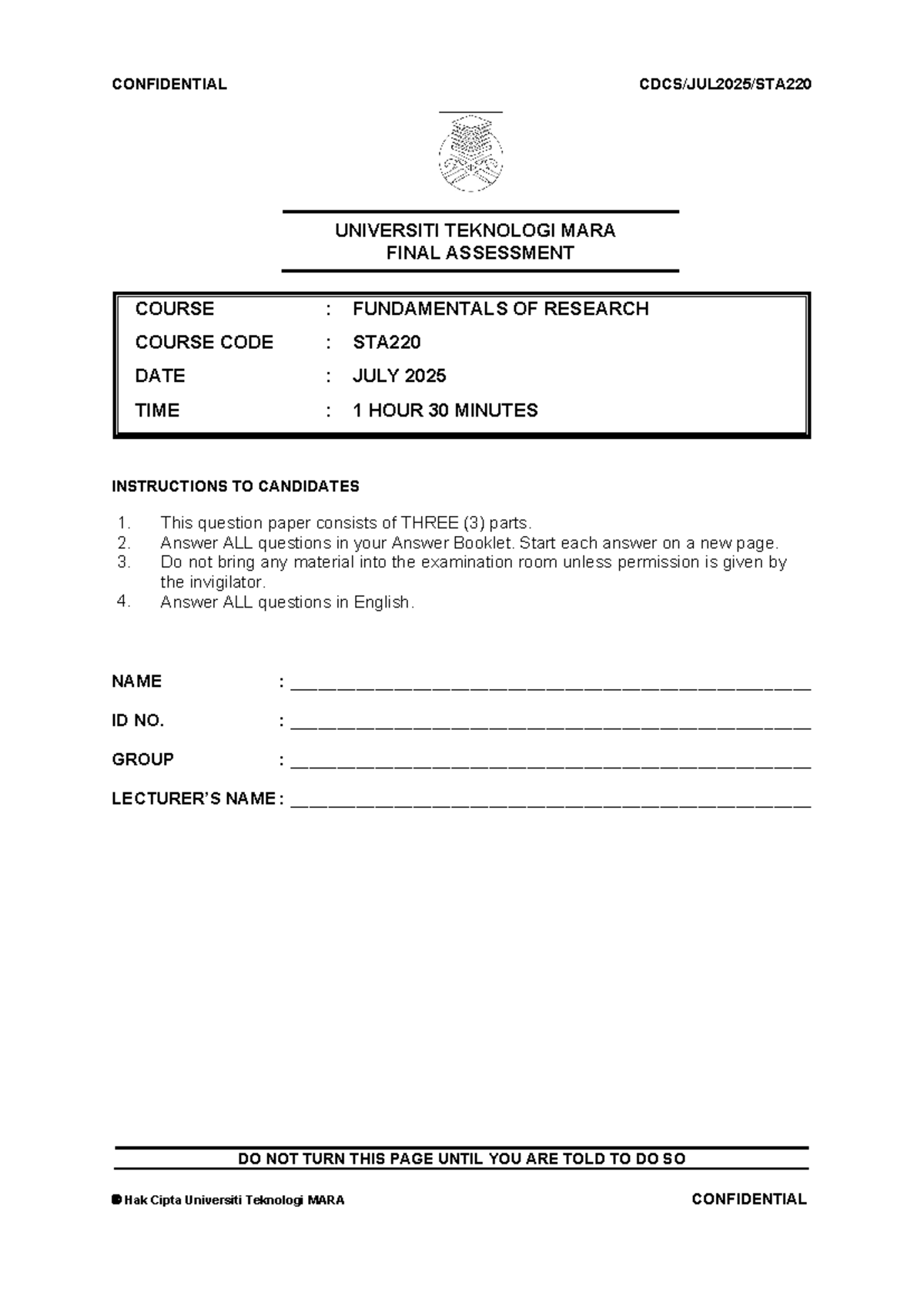 Final Assessment STA220: Fundamentals of Research Exam July 2025 - Studocu