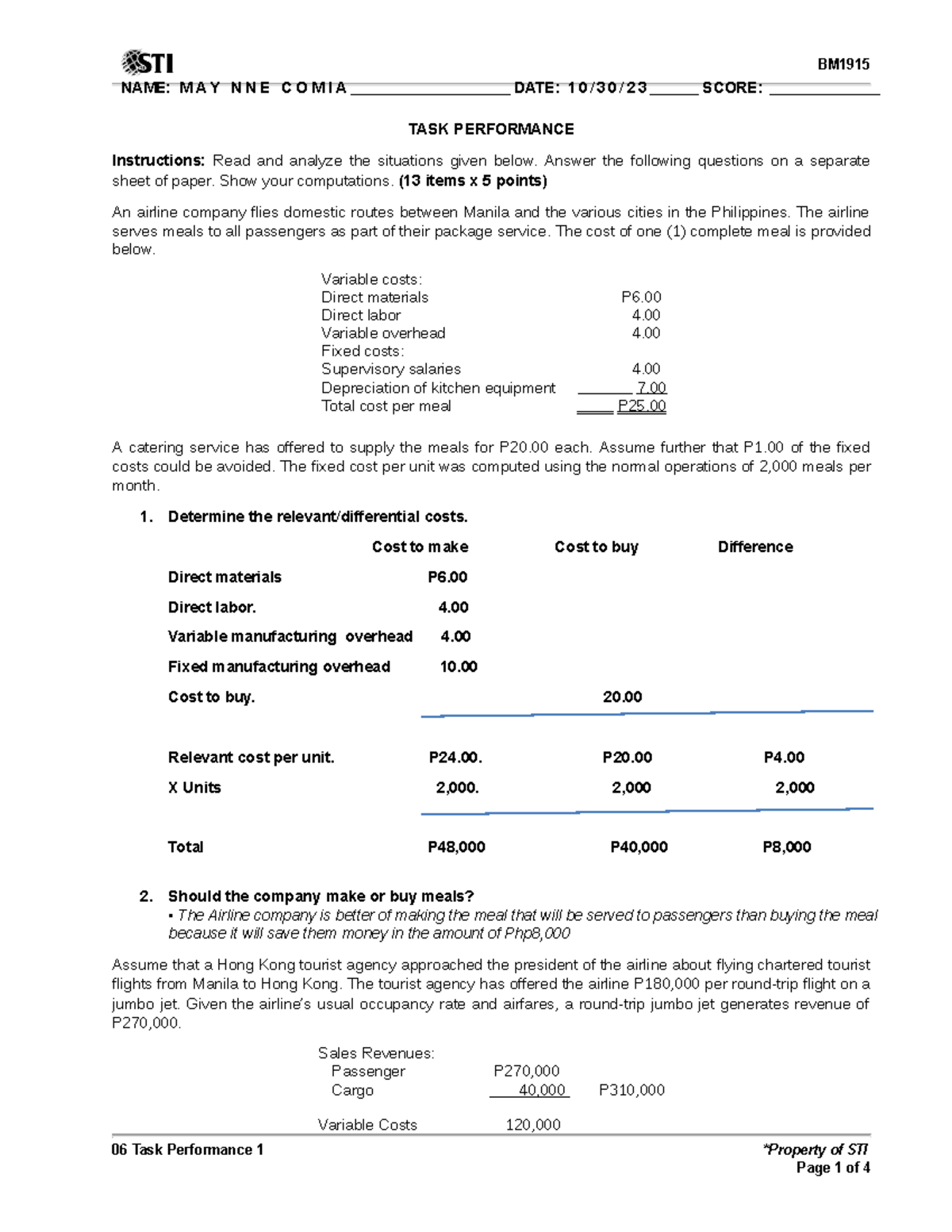 06 Task Performance 1 - Airline Cost Analysis Activities - Studocu