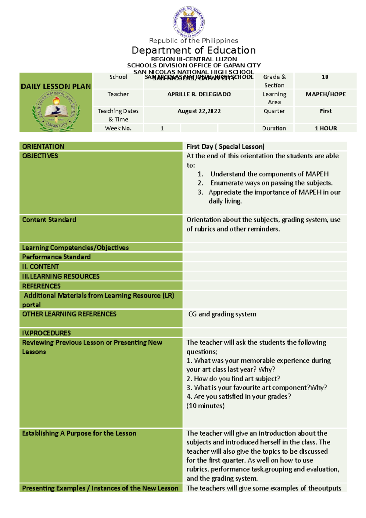 Orientation for MAPEH 10 - Daily Lesson Plan 2022-2023 - Studocu