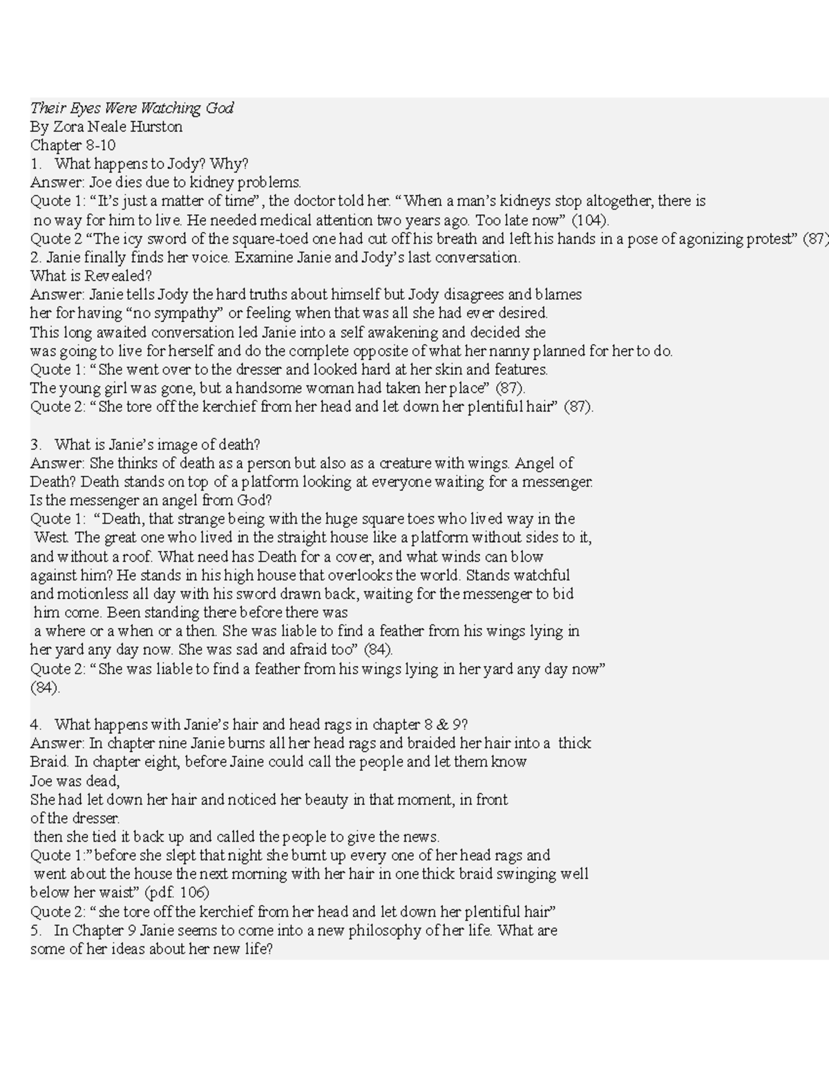 Their Eyes Were Watching God Novel by Zora Neale Hurston Ch 8-10 DQs ...