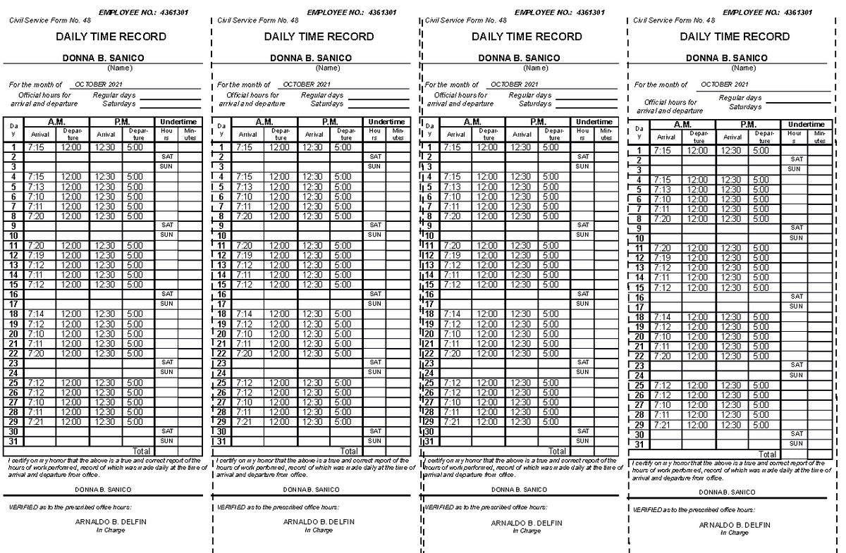 Digital Daily Time Record (DTR) for October 2021 - Donna B. Sanico ...