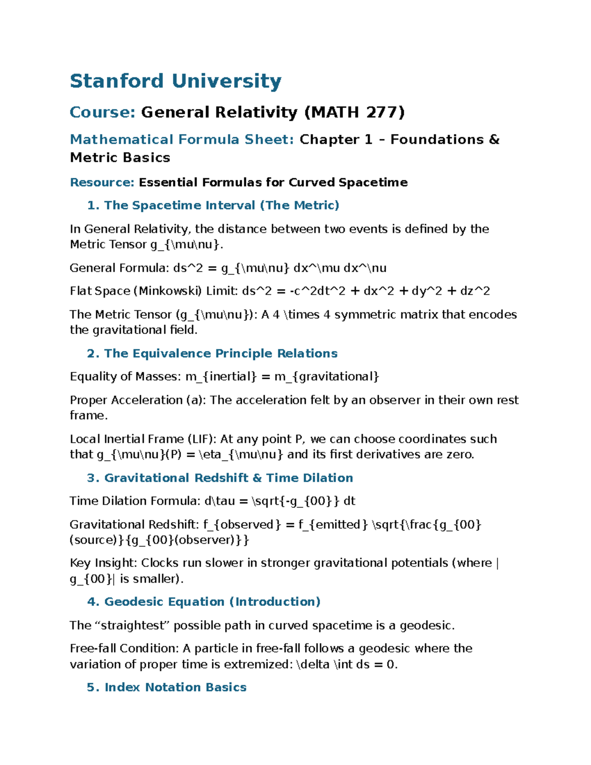 MATH 277 Stanford GR: Chapter 1 Metric & Equivalence Formulas - Studocu
