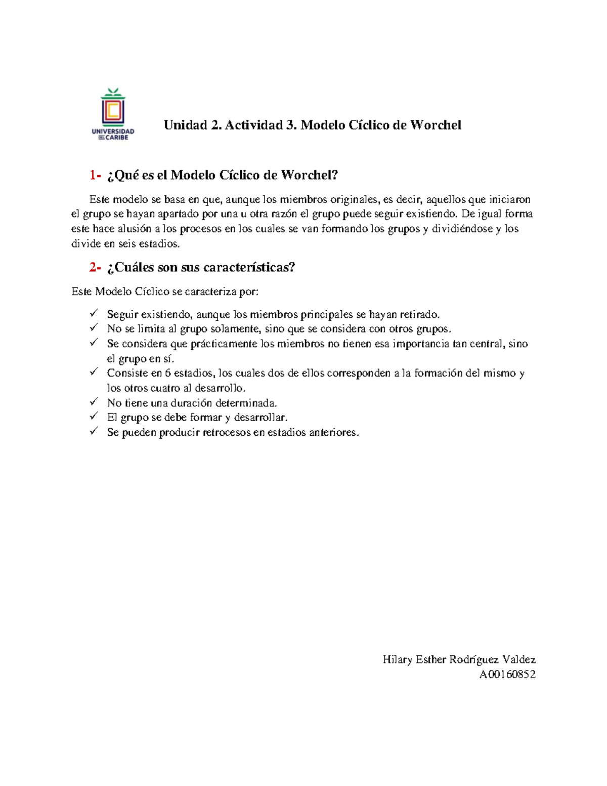 Unidad 2. Actividad 3. Análisis del Modelo Cíclico de Worchel - Studocu