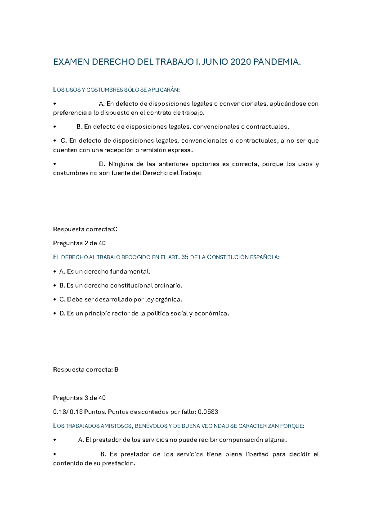 Examen Derecho del Trabajo I - Junio 2020: Modelo de Preguntas - Studocu