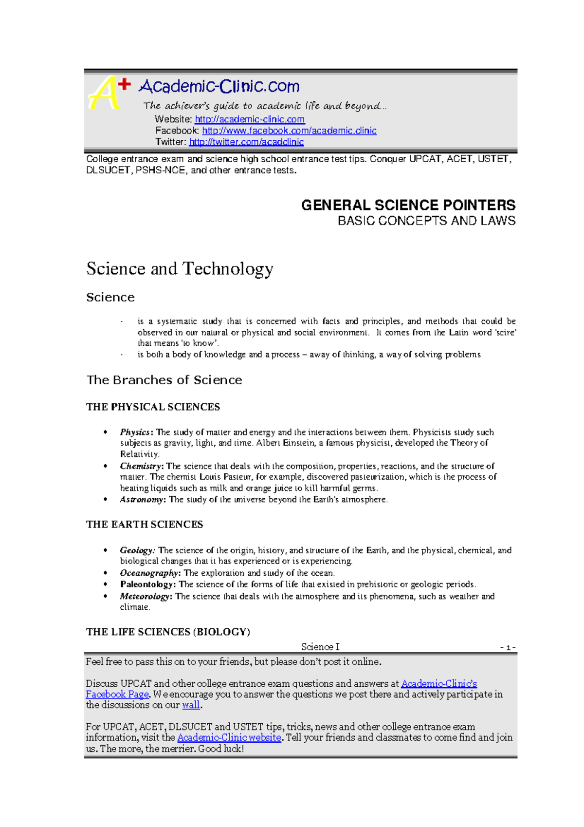 **Academic Clinic: Science Entrance Exam Tips & Study Guide (Sci101 ...