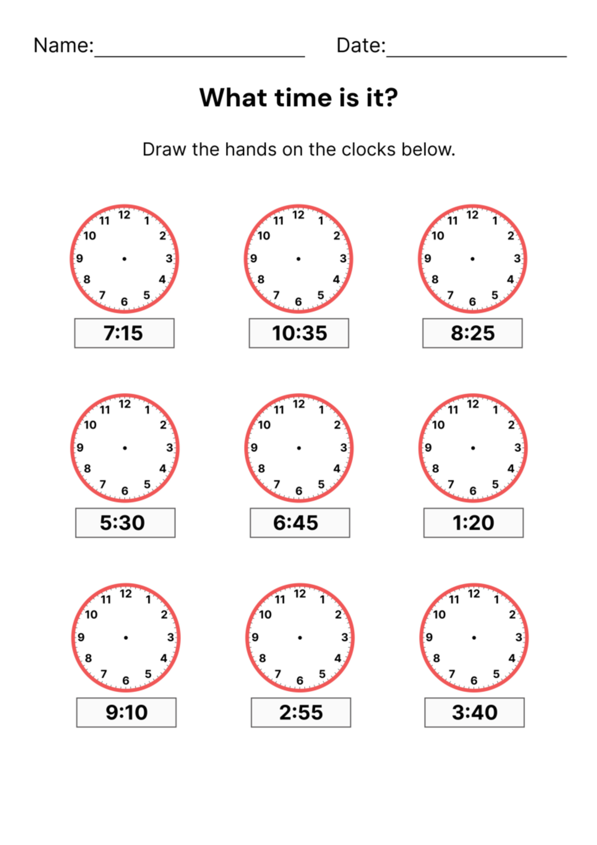 What Time Is It? (Draw the Clock Hands) Worksheet – Version 4 - Name ...