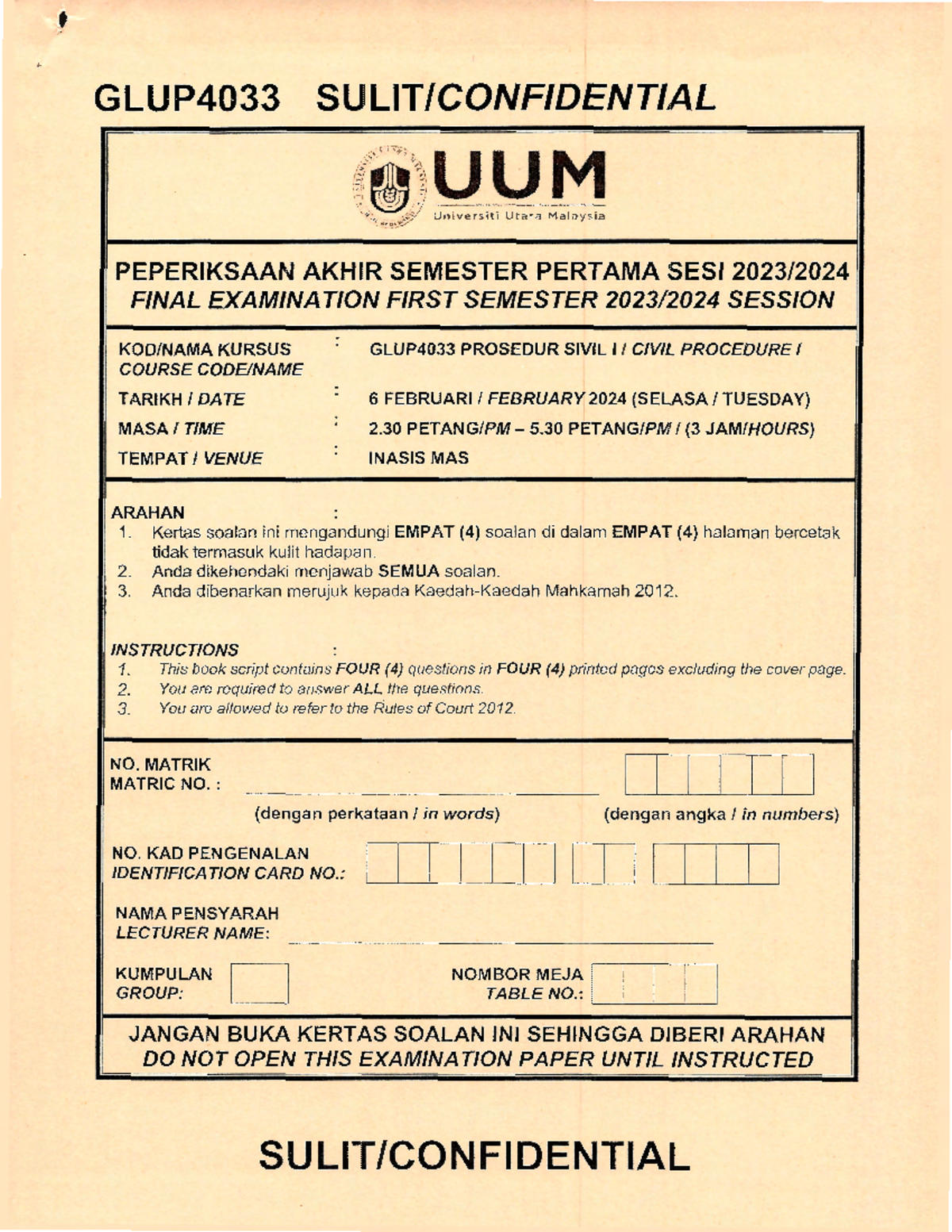 GLUP4033 Final Exam: Civil Procedure I Questions & Instructions 2023/ ...