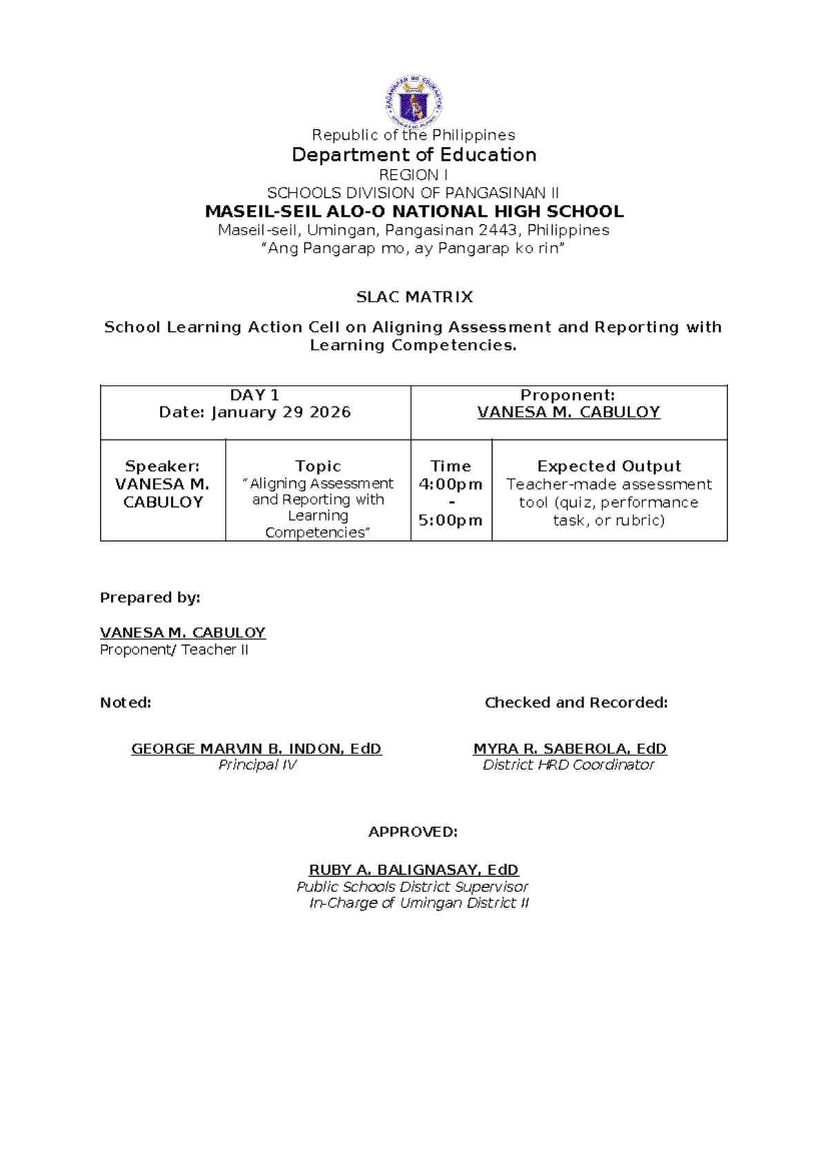 SLAC Matrix on Assessment & Reporting with Learning Competencies - Studocu